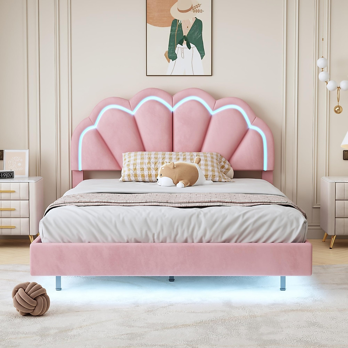 Merax Luxury Full Bed Frame, Upholstered Platform Bed with Velvet Headboard and Led Light/Mattress Foundation/Easy Assembly, Pink