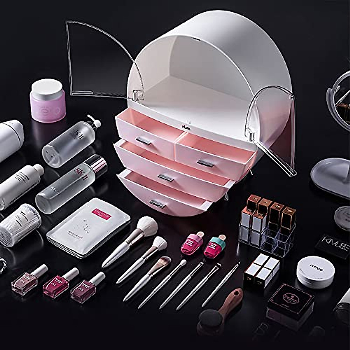 Ihuiniya Makeup Storage Organizer Box，Cosmetics storage display rack with drawer，Waterproof, dustproof, elegant display cabinet，Suitable for bathroom countertop, bedroom dresser (Large Pink)