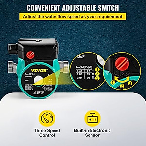 VEVOR Hot Water Recirculating Pump, 93W 110V Water Circulator Pump, Automatic Start Circulating Pump NPT 3/4" w/Brass Fittings, Stainless Steel Head, 3 Speed Control for Electric Water Heater System