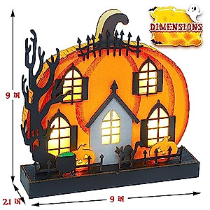 Lulu Home Halloween Tabletop Decoration, Wooden Lighted Pumpkin House Decoration Ornaments, Battery Operated Halloween Sign Indoor Fireplace Desk Kitchen Table Ornament, 9 x 9 x 2.1 in