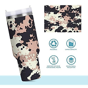 GKCLOCK 40 oz Tumbler with Handle and Straws, Insulated Reusable Stainless Steel Travel Coffee Mug Water Bottle for Office & Outdoor, Cupholder Friendly (Pink Camouflage Style)