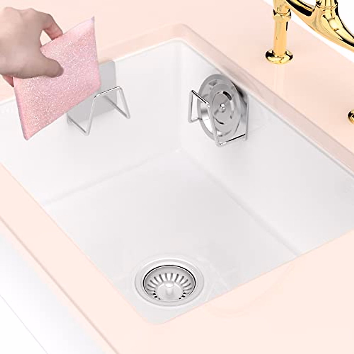 Sunmeyke Waterproof Adhesive Sponge Holder for Kitchen Sink, Never Rust Stainless Steel Silvery(2 Packs), Minimal Size Save Sink Space