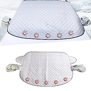 Dewkou 1 PC Car Windshield Sunshade, 61.8" x 49.6" Thickened Ice and Snow Frost Protection Cover, Anti-UV Insulation with Rearview Mirror Safety Glow Strip, Universal Accessories for Cars (Silver)