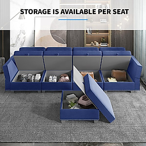 PUREMIND Modular Sectional Sofa with Reversible Storage Ottoman, Convertible U Shaped Couch with Adjustable Armrest & Backrest, Velvet 6 Seater L Shaped Sofa Sleeper for Living Room, Blue