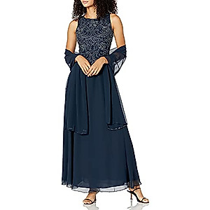 J Kara Women's Sleeveless Scallop Long Beaded Dress W/Scarf, Navy/Grey, 12