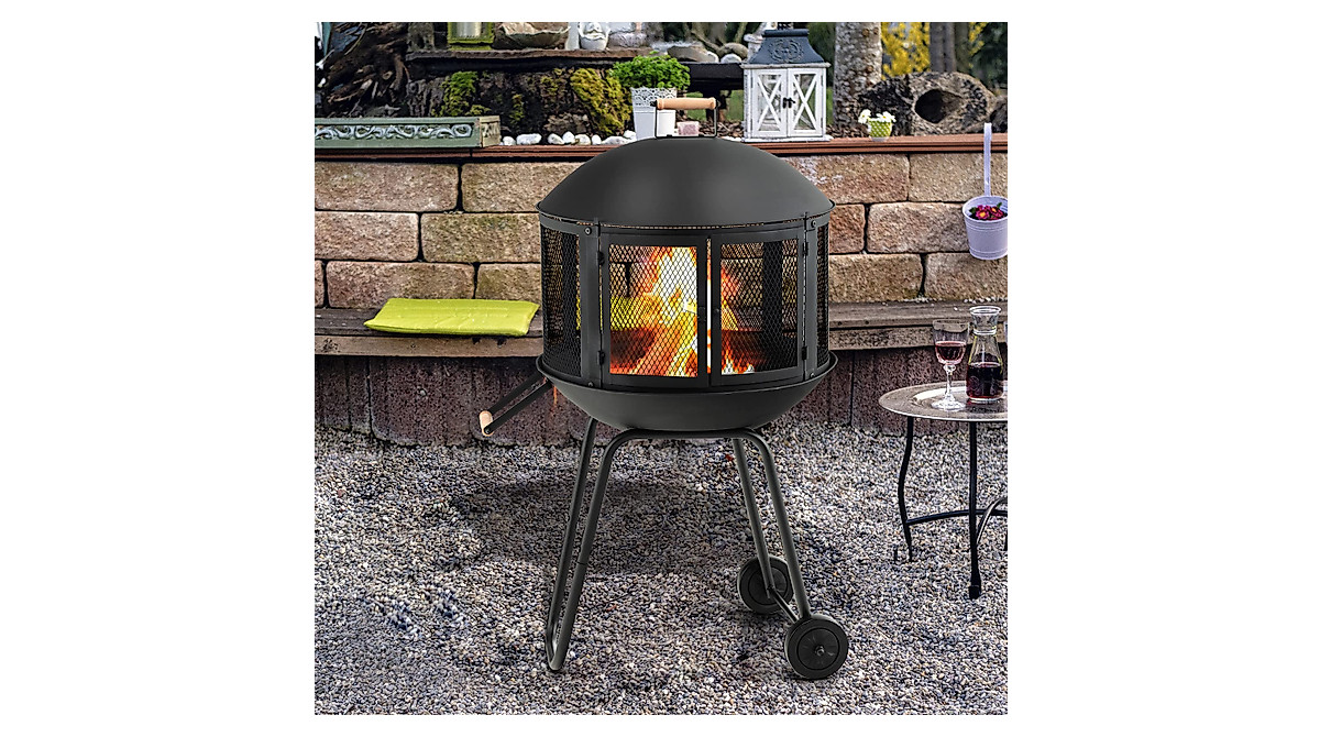 Portable Fire Pit & BBQ Grill - 27” Wood Burning Firepit on Wheels