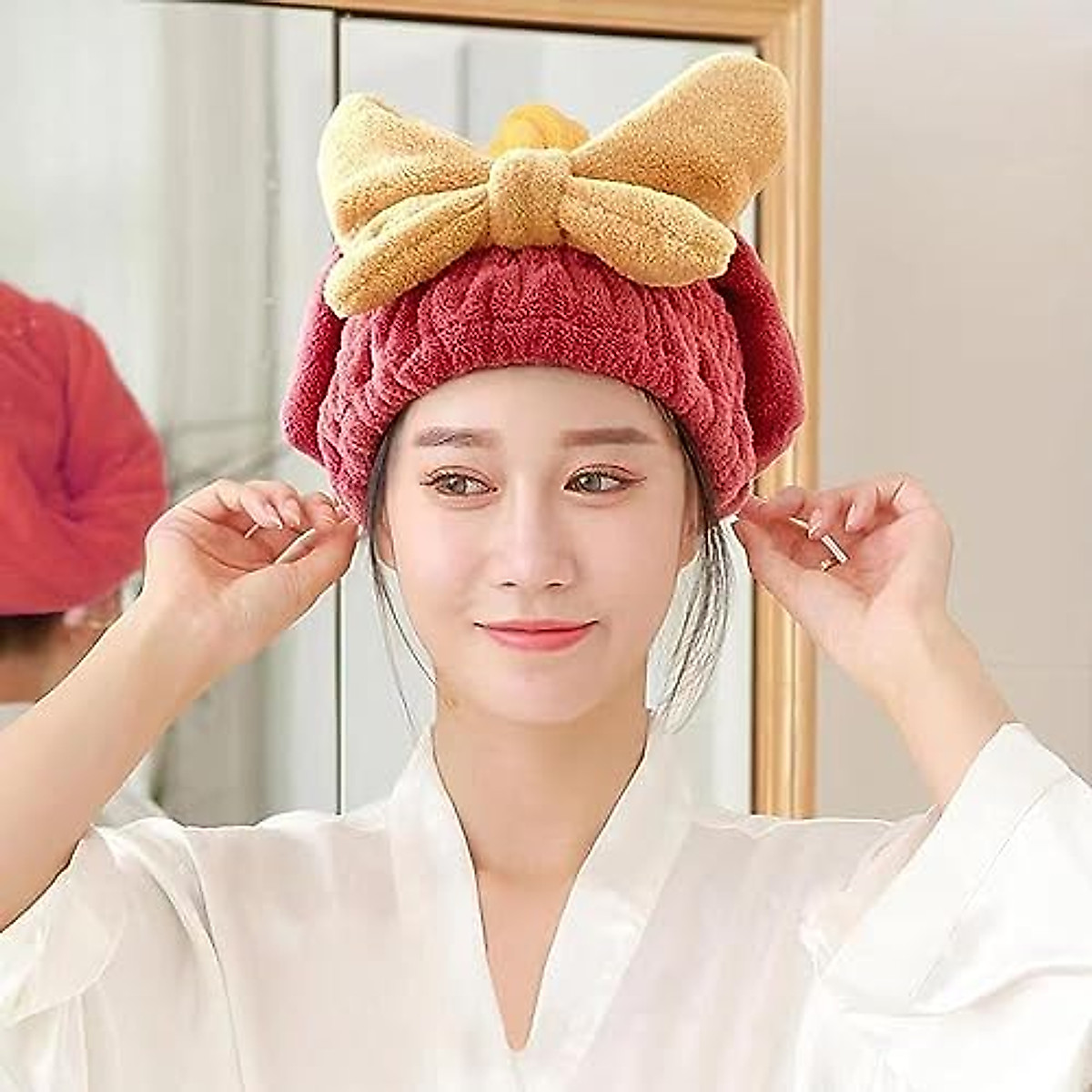 Super Absorbent Hair Towel Wrap for Wet Hair,Quick Dry Head Wrap with Bow-Knot Shower,Super Absorbent Hair Towel Wrap for Wet Hair,Fast Coral Velvet Hair Drying Towel with Bow-Knot (Red+Pink)