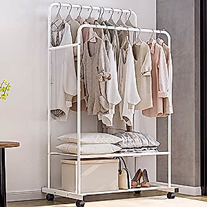 MOUTIK Double Rod Clothing Hanging Rack: Metal Rolling Garment Organizer Hanger with 2 Tier Storage Shelves - Indoor Bedroom Clothes Rack Max Load 110LBS Shelf on Wheels(White)