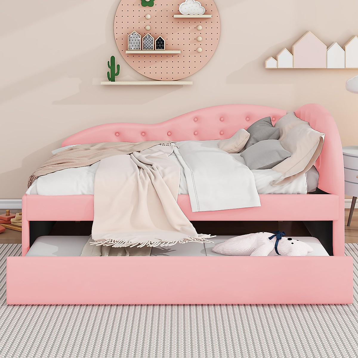 Acosure Full Size PU Upholstered Tufted Daybed with Twin Size Trundle and Cloud Shaped Guardrail,No Box Spring Required,Sofa Bed Frame for Kids Boys Girls Bedroom,Living Room,Pink