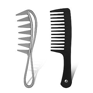 2Pcs Wide Tooth Comb for Curly Hair, Large Shark Teeth Comb Detangler for Brushing Out Curls Plastic Hairstyle Tool for Wet Wavy Thick Hair Wigs Barber Salon, Women Men (1 Black, 1 Silver)