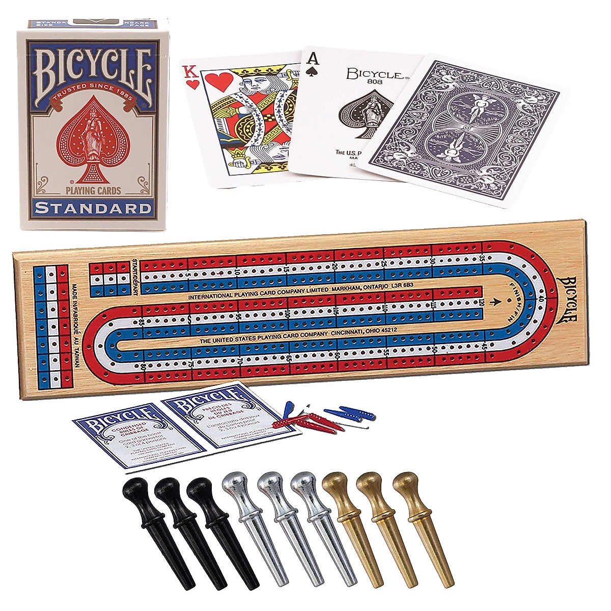 Cribbage Board by Bicycle 3-Track Colour Coded Real Pine Wood Cribbage Game with Deck of Bicycle Cards and Premium Metal Cribbage Pegs
