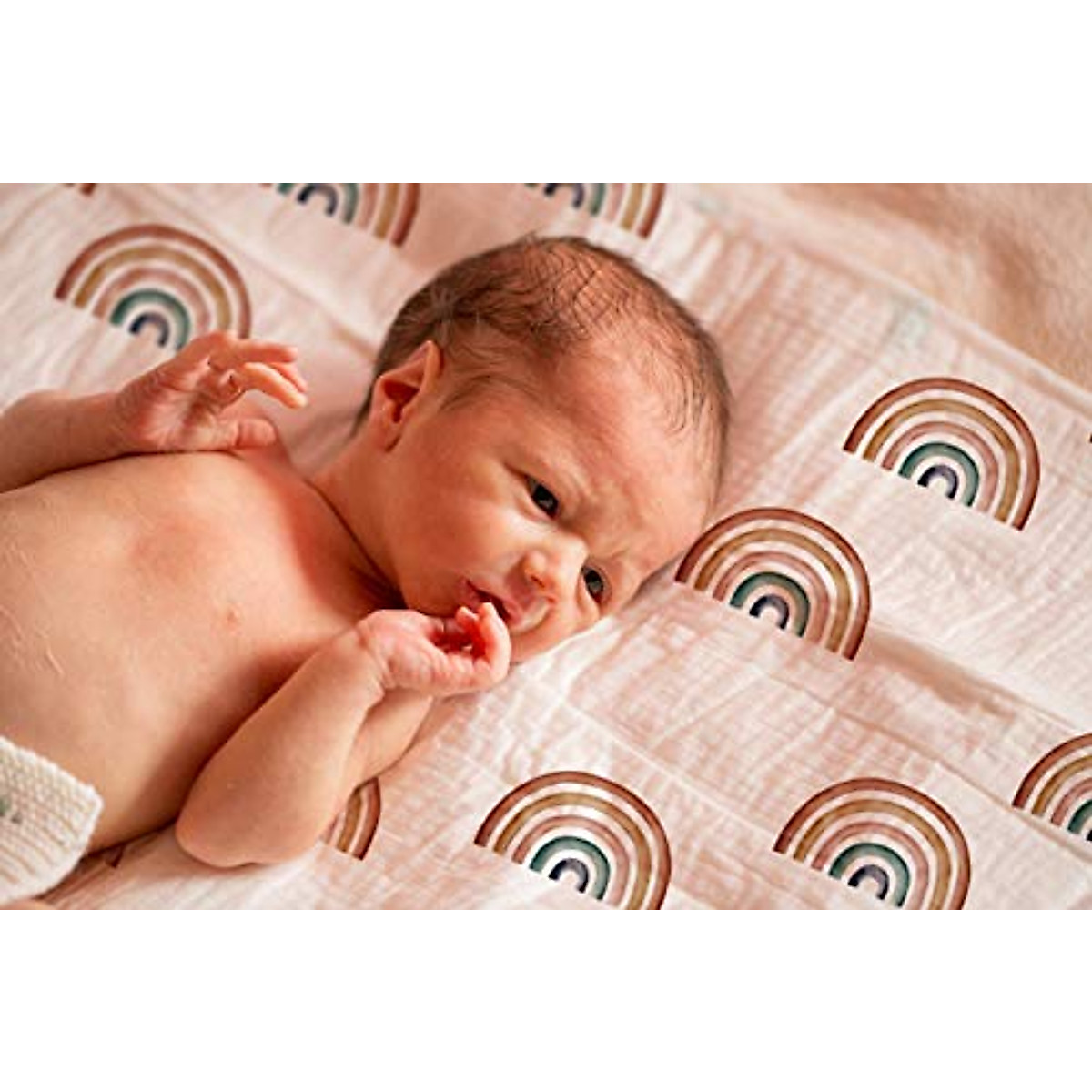 Miaoberry Organic Muslin Baby Swaddle Blanket and Hat Set Newborn Unisex Neutral Boy Girl| Boho Rainbow |Photo Props Birth Announcement Card