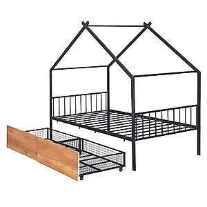 Metal House Bed for Kids, Twin Size Bed Frame with Storage Drawers and Slats, Kids Bed Frame with Headboard and Footboard, Twin Size House Bed for Kids, Girls, Boys(Twin Black)