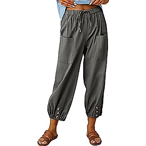 Acesulu Summer Linen High Waist Yoga Pants Drawstring Wide Leg Cropped Pants Trousers with Pockets for Women (0099-DarkGray-XL)