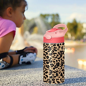 MCHIVER Leopard Print Kids Water Bottle with Straw Insulated Stainless Steel Kids Water Bottle Thermos for School Girls Boys Reusable Tumbler 12 oz / 350 ml Pink Top