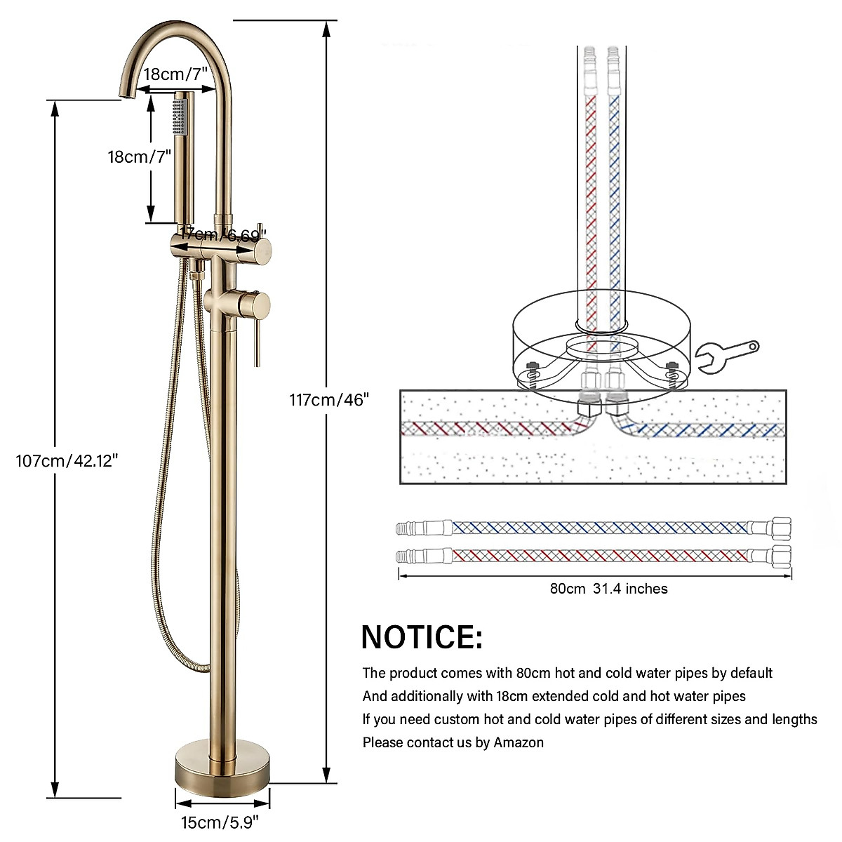 Brushed Gold Freestanding Bathtub Faucet with Hand Shower Tub Filler Faucet Floor Mounted High Flow Single Handle Bath Filler Solid Brass