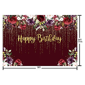 ABLIN 7x5ft Gold Happy Birthday Burgundy Backdrop Woman Girl Burgundy Red Purple Flowers Photo Background Dripping Beads Floral Party Decorations Cake Table Banner Supplies