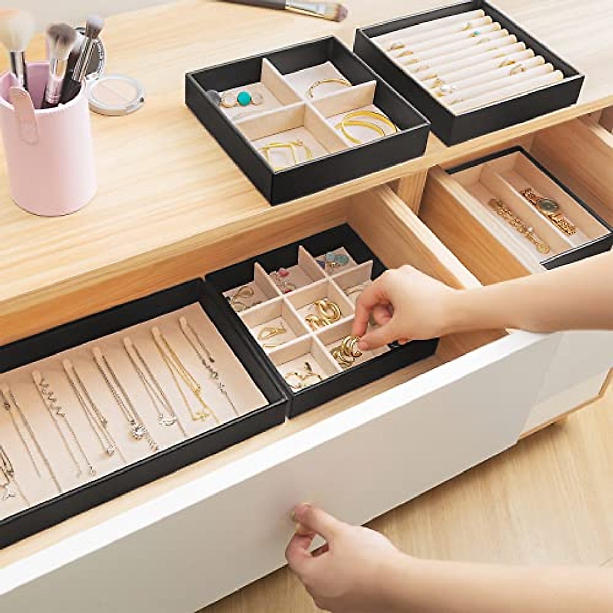 ProCase Jewelry Organizer Jewelry Tray Jewelry Drawer Inserts, Set of 5 Stackable Jewelry Drawer Dividers Container Necklace Display Trays Storage Box for Dresser Earring Rings Bracelet - Black