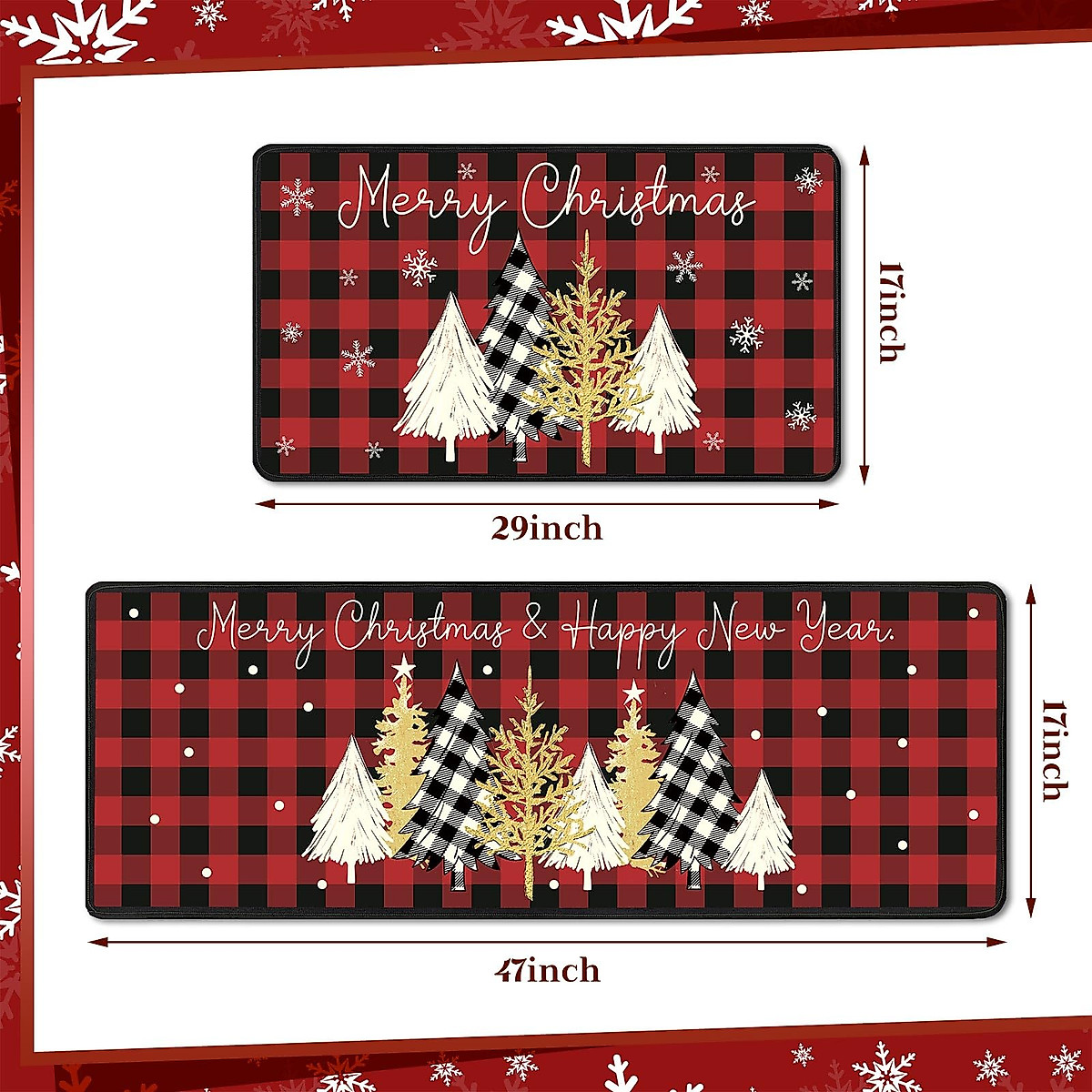 Bencailor 2 Pcs Christmas Kitchen Rugs and Mats Set of 2 Red Black Buffalo Plaid Merry Christmas Xmas Trees Floor Mat Non Slip Checkered Doormat Home Holiday Kitchen Decor, 17 x 30 Inch, 17 x 47 Inch
