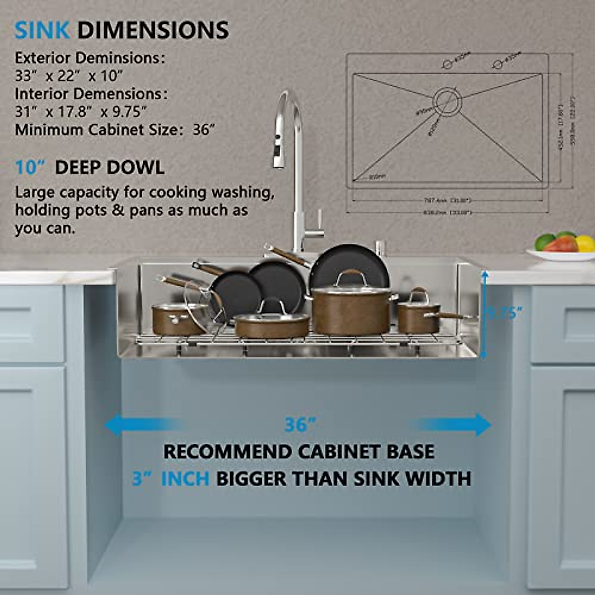 33 Kitchen Sink Drop In - Fulorni 33"x22" Kitchen Sink Drop In Topmount 16 Gauge Stainless Steel Single Bowl Above Counter Kitchen Sink Basin