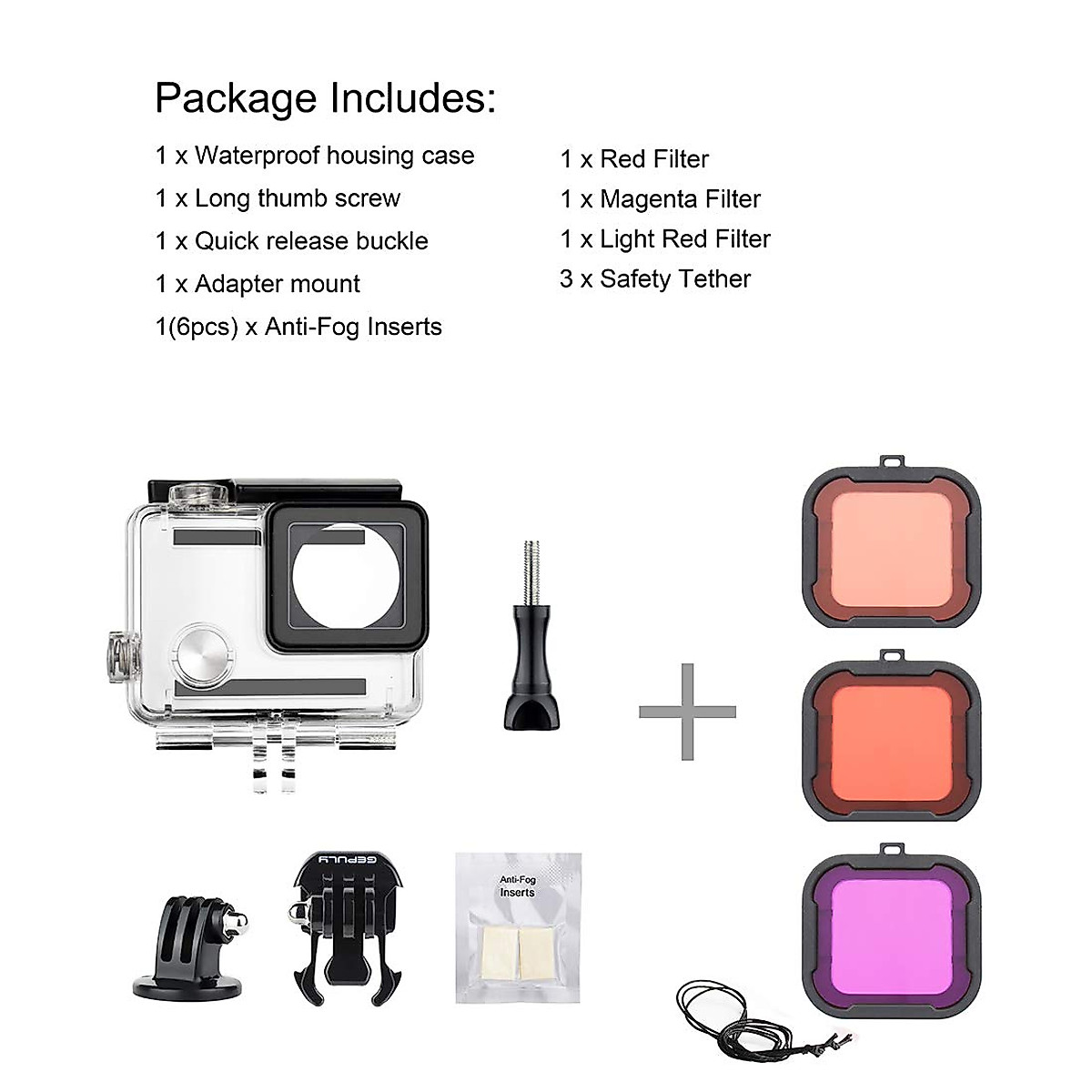 GEPULY Standard Waterproof Housing Case with Dive Filters for GoPro Hero 4, Hero 3+, Hero3 Action Cameras - 131 ft (40M) Underwater Photography - with Red, Light Red, Magenta Filters