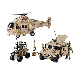 Dazmers Military Army Toys, Action Soldier Figures and Vehicles Set - Army Helicopter Toy, Truck, Quadbike - Lights and Sounds - Friction Powered Army Trucks