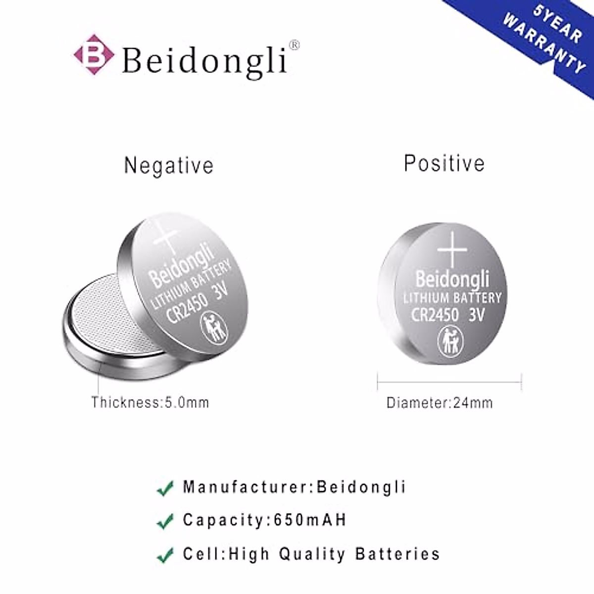 Beidongli CR2450 Battery 3V CR2450 Lithium Batteries (10 Count)