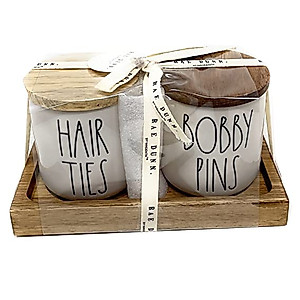 Rae Dunn Wood Lids and Tray HAIR TIES BOBBY PINS Glossy White Ceramic Container Cellar Holders