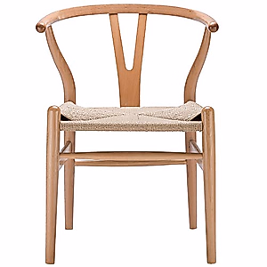 Poly and Bark Weave Modern Wooden Mid-Century Dining Chair, Hemp Seat, Natural (Set of 2)