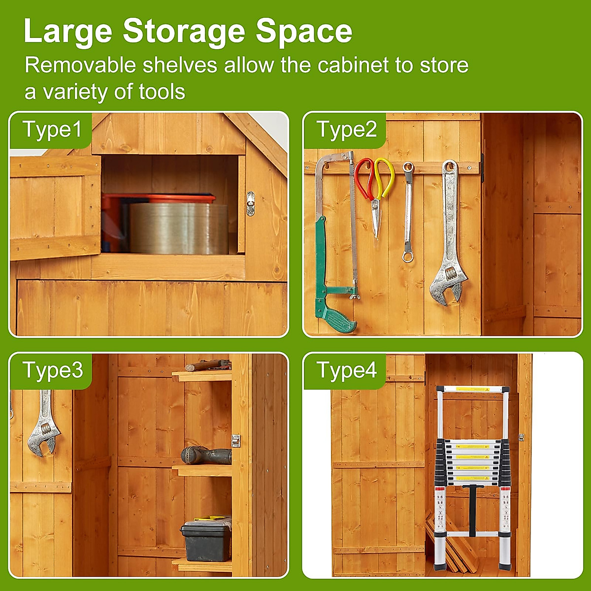 GarveeLife Outdoor Wood Storage Shed Cabinet, Wooden Garden Tool Sheds, Outside Vertical Organizer with Floor, Waterproof Roof, 3 Shelves, 4 Hooks and Lockable Door for Patio Hallway Backyard, Natural