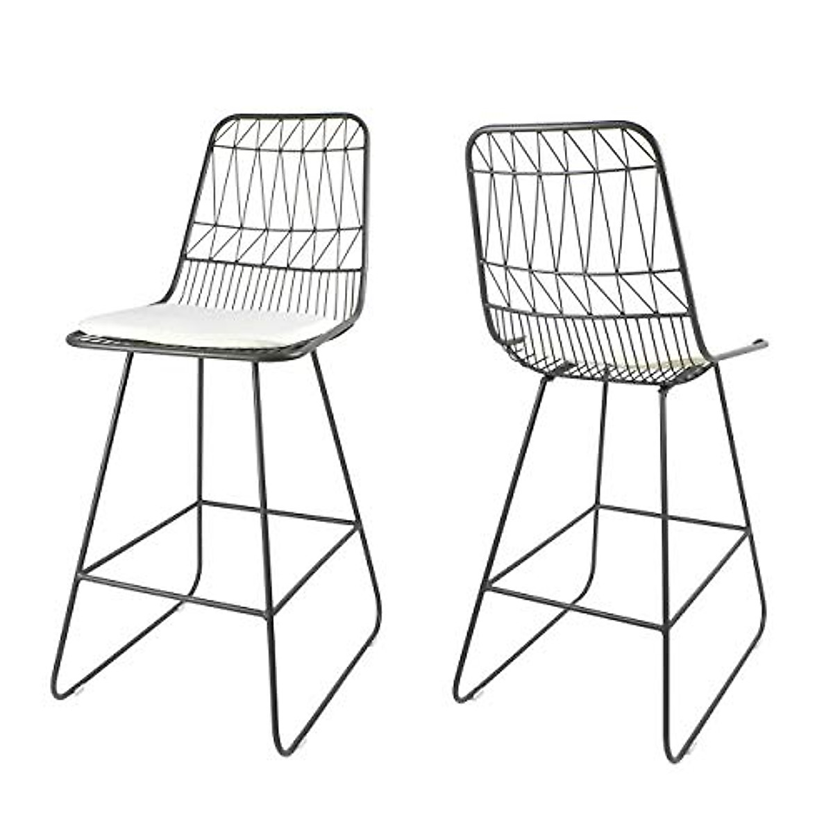 Great Deal Furniture Hedy Outdoor Counter Stools, 26" Seats, Modern, Geometric, Gray Iron Frames with Ivory Cushion (Set of 2)