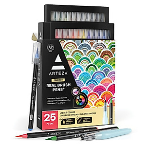 ARTEZA Real Brush Pens, 24 Colors for Watercolor Painting with Flexible Nylon Brush Tips, Paint Markers for Coloring, Calligraphy and Drawing with Water Brush for Artists and Beginner Painters