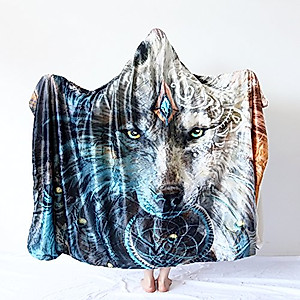 Wolf Warrior by SunimaArt Wolf Plush Wearable Hooded Blanket for Adult or Kids Sherpa Fleece Throw Animal Blanket with Hood (60"x 80")