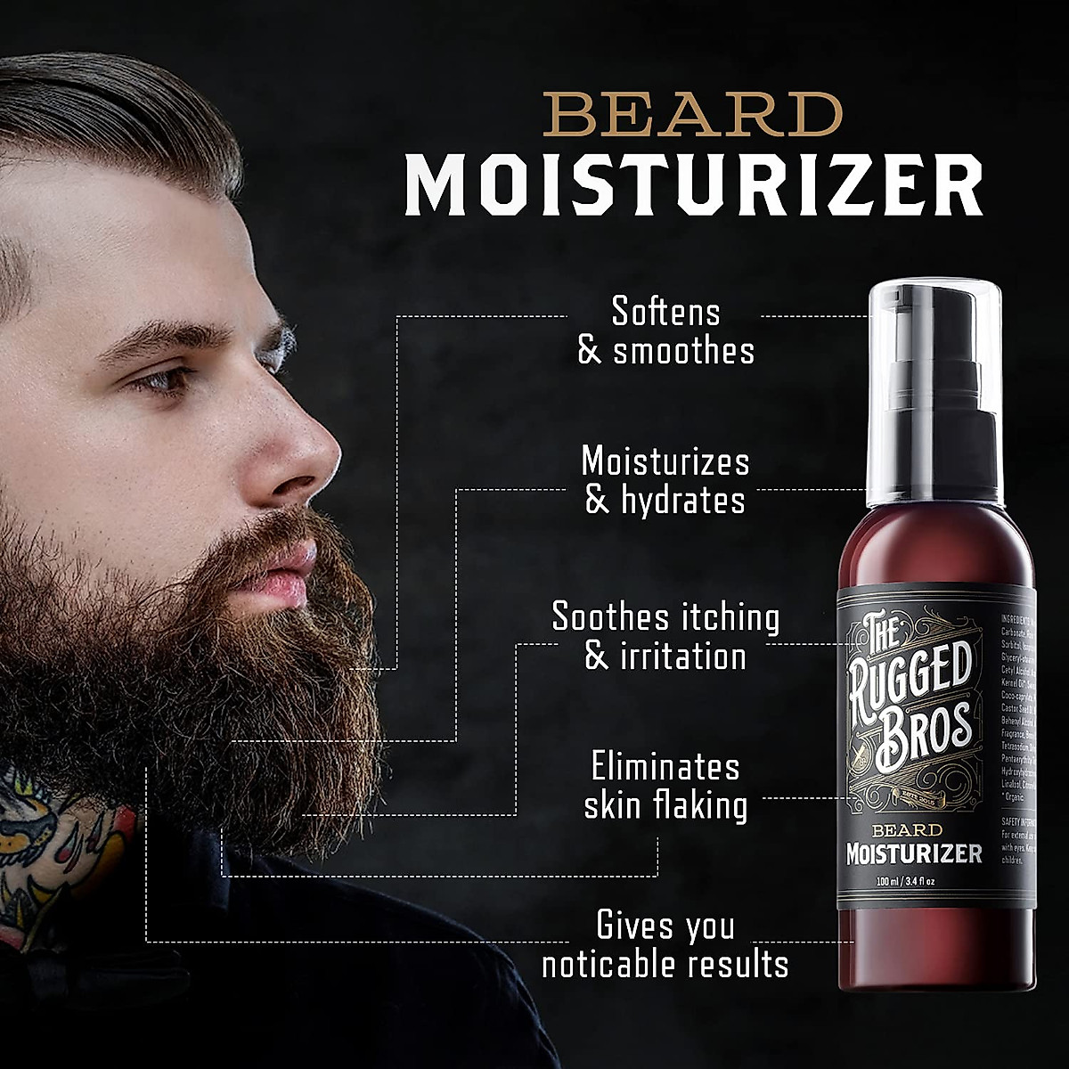 The Rugged Bros Moisturizing Beard Conditioner : Leave-In Cream, Softener and Moisturizer for Beards and Mustaches - USA Made in Veteran Owned Facility with Aloe Vera, Essential Omegas and Vit E 4 oz