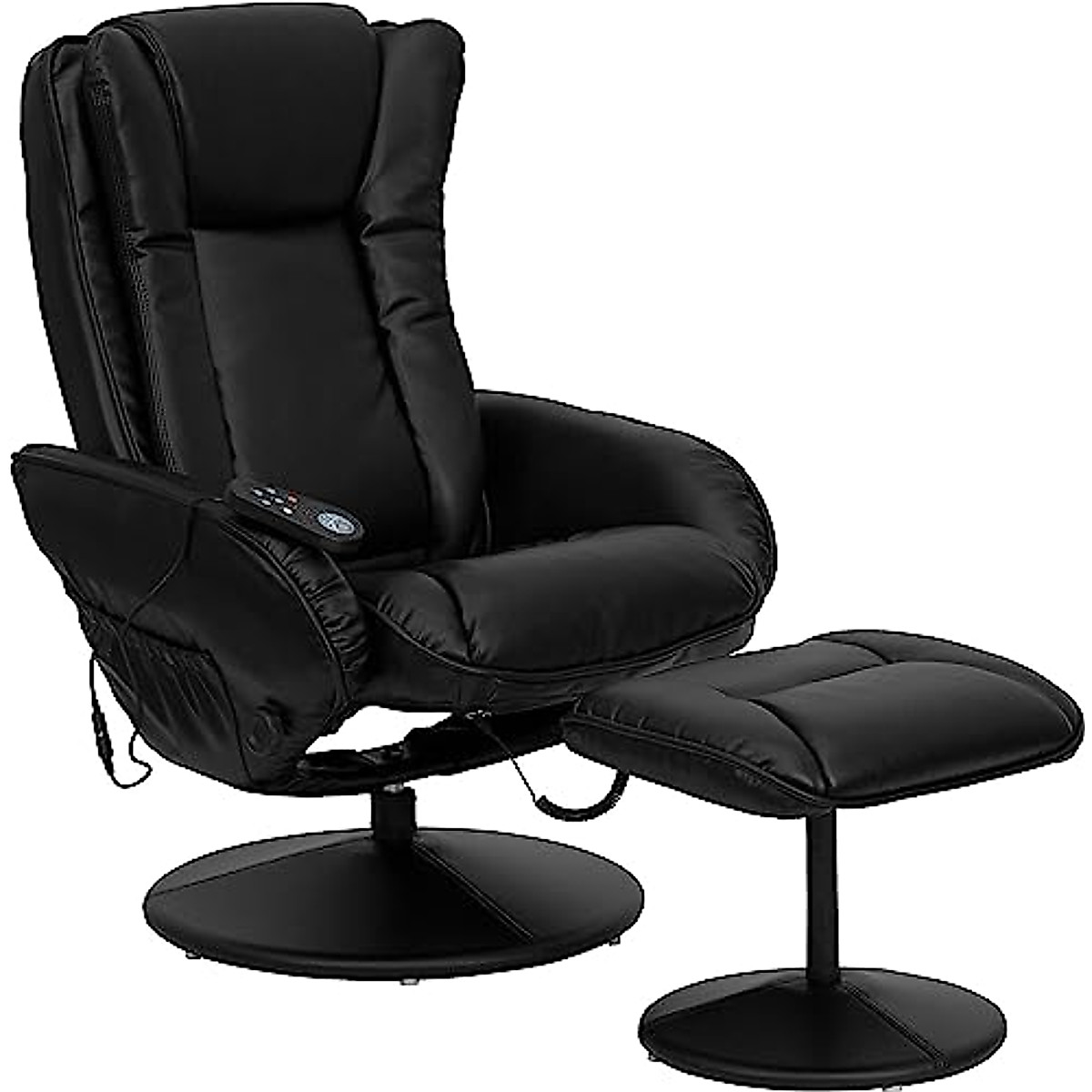 Flash Furniture Poppy Massaging Multi-Position Plush Recliner with Side Pocket and Ottoman in Black LeatherSoft