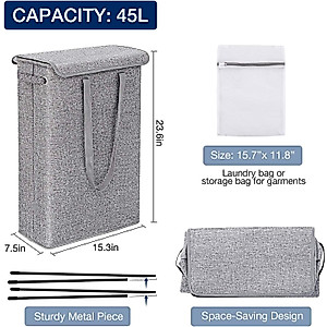 CHUBARIY Ultra-Thin Laundry Hamper with Lid, Tall Thin Waterproof Lined Narrow Dirty Clothes Hamper with Handle, Suitable for Bathroom, Bedroom, Dormitory to Organize and Store Clothes, Grey