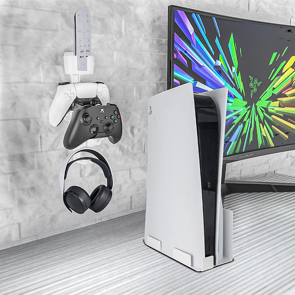 PS5 Wall Mount Kit, PS5 Wall Mount with Playstation 5 Controller Holder,Headphone hook and PS5 remote control storage box - PS5 Accessories Kit (NOT for PS5 Slim)