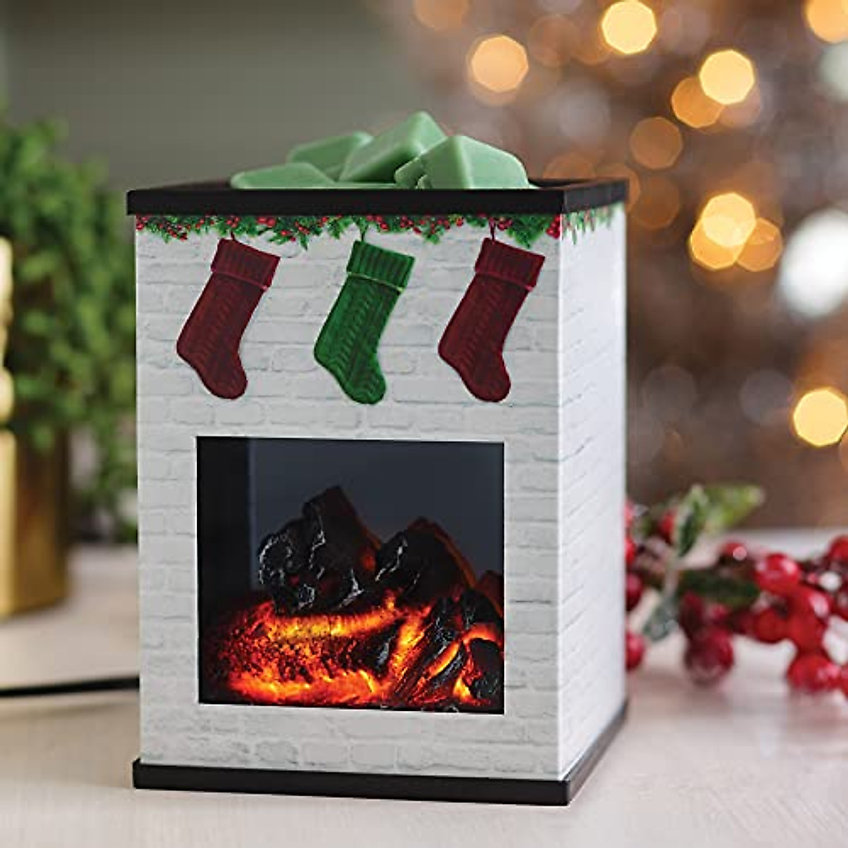 CANDLE WARMERS ETC. Fireplace Illumination Fragrance Warmer- Light-Up Warmer for Warming Scented Candle Wax Melts and Tarts to Freshen Room, White Brick Holiday