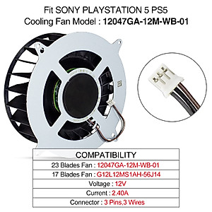 YEECHUN PS5 Fan Replacement for Sony PlayStation 5 Series Internal Cooling Fan 12047GA-12M-WB-01 12V 2.4A 23 Blades Fan General 17 Blades G12L12MS1AH-56J14 Fan Cooler Cooling Fan with T8 Screwdriver