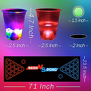 noveltymeme 45 PCS Glow in the Dark Beer Pong Table Mat, Drinking Game Pong Game with Party Cups, Glow Pongs for Indoor Outdoor Party Game Party Supplies Decoration Flashing&Red&Blue