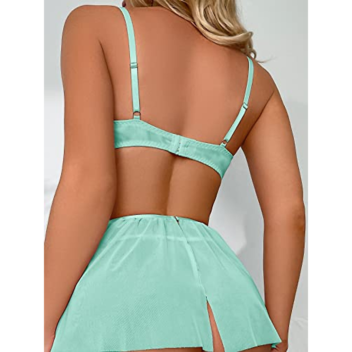 WDIRARA Women's Floral Embroidery Mesh Split Cut Out Babydoll Lingerie Slip Dress Light Green S