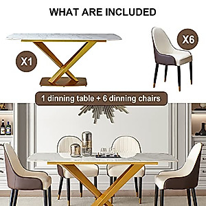 Montary 7-Piece Dining Table Set - 63" Faux Marble Table Top & X-Shaped Solid Gold Carbon Stell Legs, 1 Dining Table with 6 Dining Chairs, Morden Rectangular Dining Set for Kitchen, Resterant