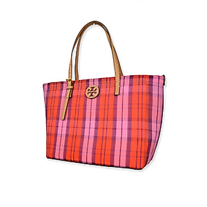 Tory Burch Womens 146732 Emerson Gold-Tone Hardware Mesh Woven E/W Market Tote Bag, (650 Pink/Red Plaid)