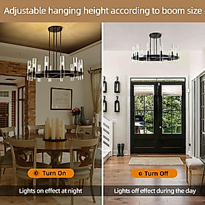 Knurldon 12-Light Black Round Chandelier 36'' Wagon Wheel Chandeliers for Dining Room Light Fixture Clear Glass Tube Chandelier Modern Farmhouse Chandeliers for Living Room Bedroom, Bulb Included