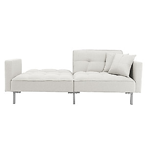 Majnesvon Linen Convertible Futon Sofa Bed, 2-in-1 Sleeper with 2 Pillows, 3 Adjustable Angles for Backrest, Living Room Couch 5 Sturdy Metal Legs, Upholstered Loveseat Home, (White)