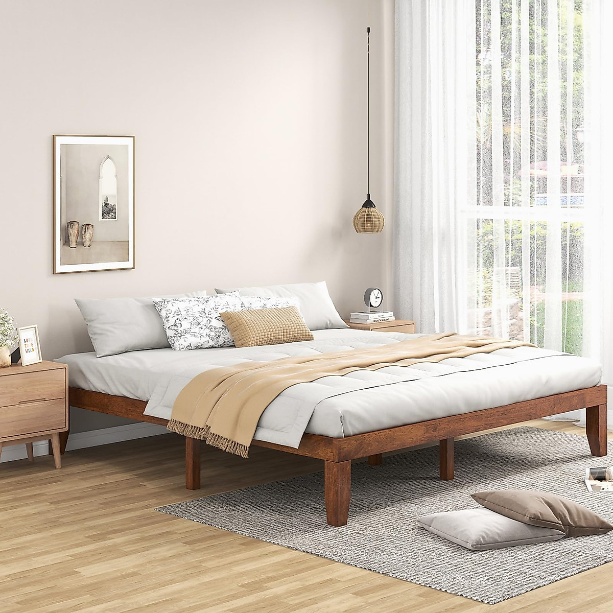 KOMFOTT 14 Inches Wood Platform Bed Frame King Size, Solid Wood Mattress Foundation with Rubber Wood Frame, Strong Poplar Wood Slat Support, No Box Spring Needed, Bed Frame (Brown Cherry)