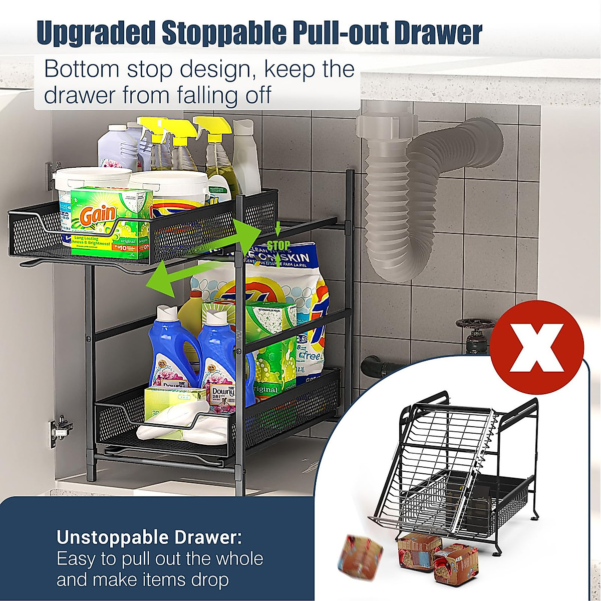 Housolution Under Sink Organizer and Storage, 2 Tier Metal Slide Out Under Cabinet Organizer with Stoppable Drawer, Height Adjustable Under Sink Shelf for Kitchen and Bathroom, Black