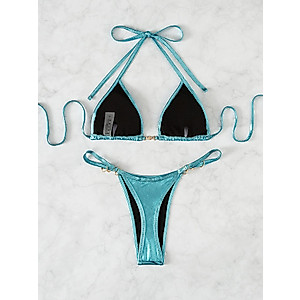 Verdusa Women's 2 Piece Metallic Bikini Sets Swimwear Halter String Triangle Swimsuit Teal Blue M