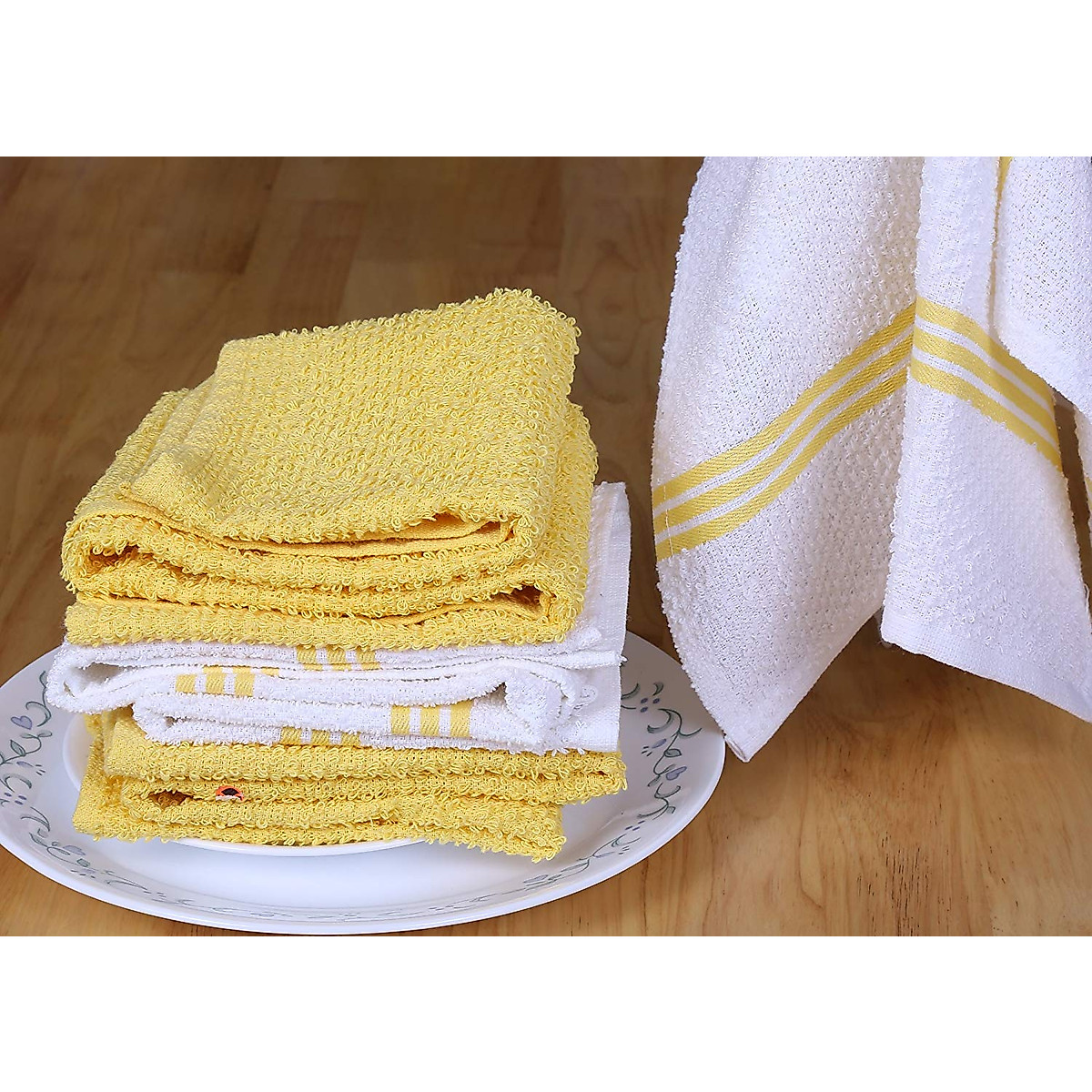 AMOUR INFINI Kitchen Towels Pack of 4 Absorbent, Quick Drying Premium Terry Cotton Dish Towel with Hanging Loop 16x28 Inch Hand & Tea Towels (Yellow)