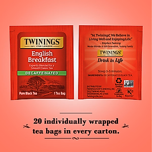 Twinings English Breakfast Decaffeinated Tea, Decaf Black Tea Bags Individually Wrapped, 20 Count Ea (Pack of 3)